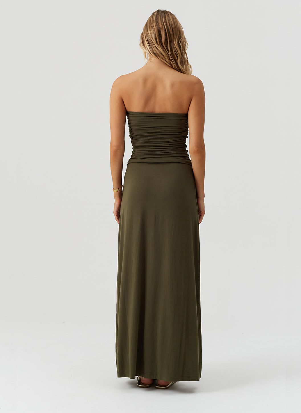Rae Olive Bandeau Ruched Maxi Dress | Official Site